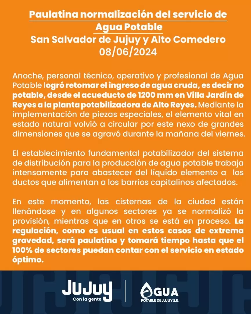 El Servicio De Agua Potable Será Progresivamente Normalizado En Alto